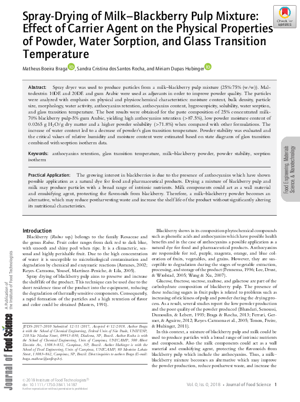 (PDF) Spray-Drying of Milk-Blackberry Pulp Mixture: Effect of Carrier ...