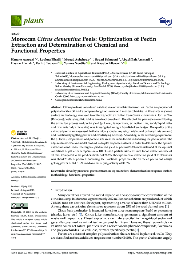 Pdf Moroccan Citrus Clementina Peels Optimization Of Pectin