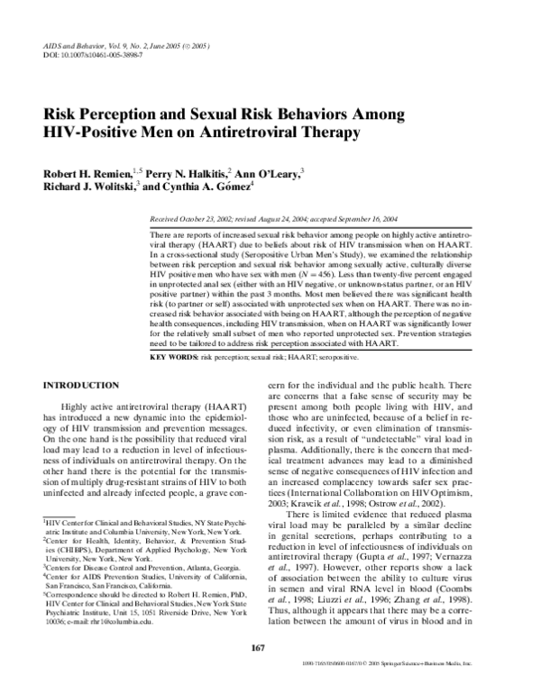 (PDF) Risk Perception and Sexual Risk Behaviors Among HIV-Positive Men on Antiretroviral Therapy ...