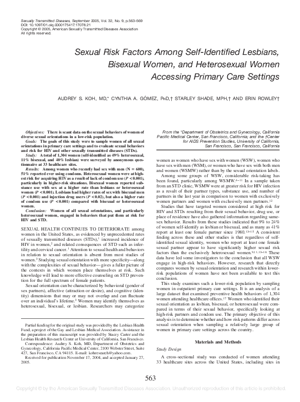 (PDF) Sexual Risk Factors Among Self-Identified Lesbians, Bisexual Women, and Heterosexual Women ...