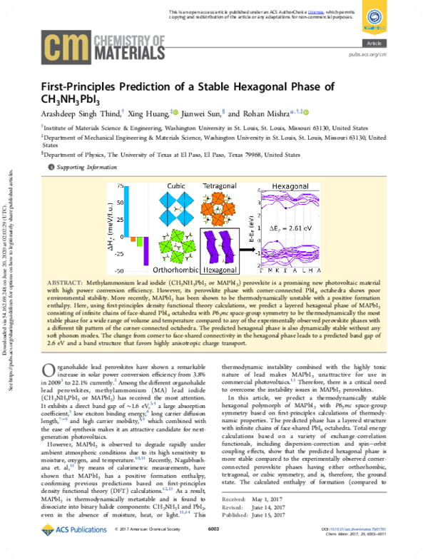 (PDF) First-Principles Prediction of a Stable Hexagonal Phase of CH3NH3PbI3