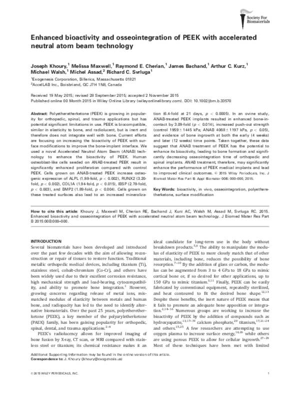 (PDF) Enhanced bioactivity and osseointegration of PEEK with accelerated neutral atom beam ...