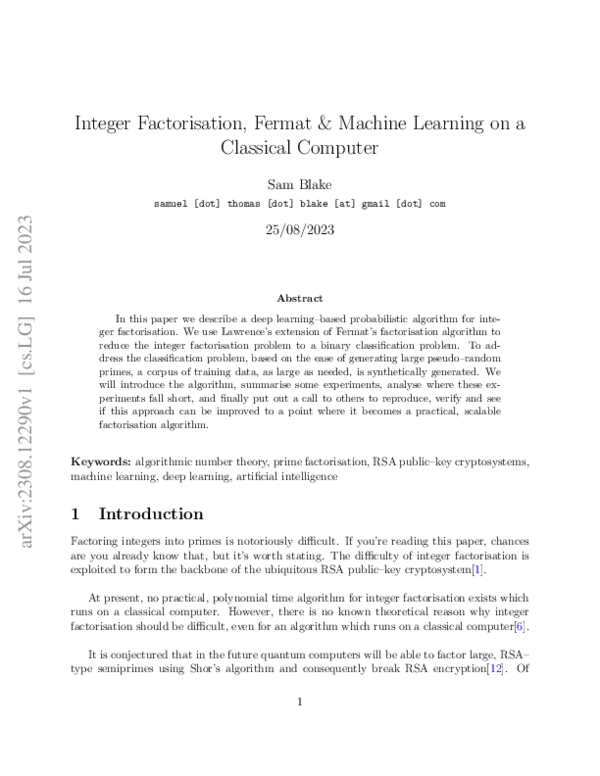 (PDF) Integer Factorisation, Fermat & Machine Learning on a Classical Computer