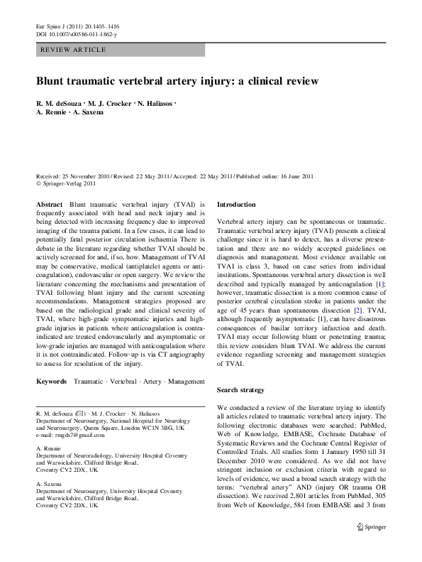 (PDF) Blunt traumatic vertebral artery injury: a clinical review