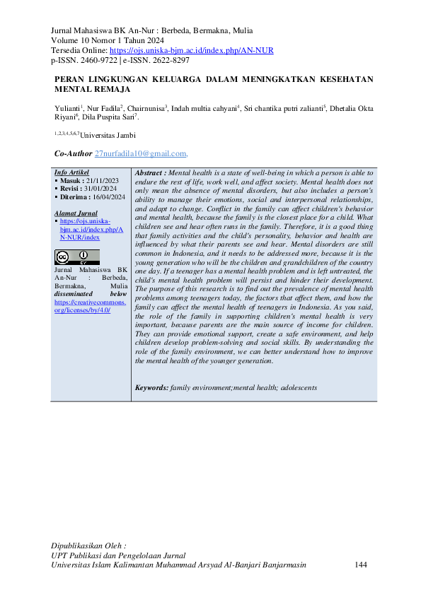 (PDF) Peran Lingkungan Keluarga Dalam Meningkatkan Kesehatan Mental Remaja