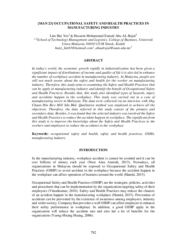 (PDF) Occupational safety and health practices in manufacturing industry