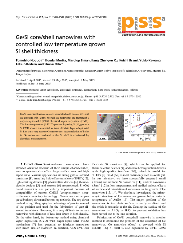 (PDF) Ge/Si core/shell nanowires with controlled low temperature grown ...