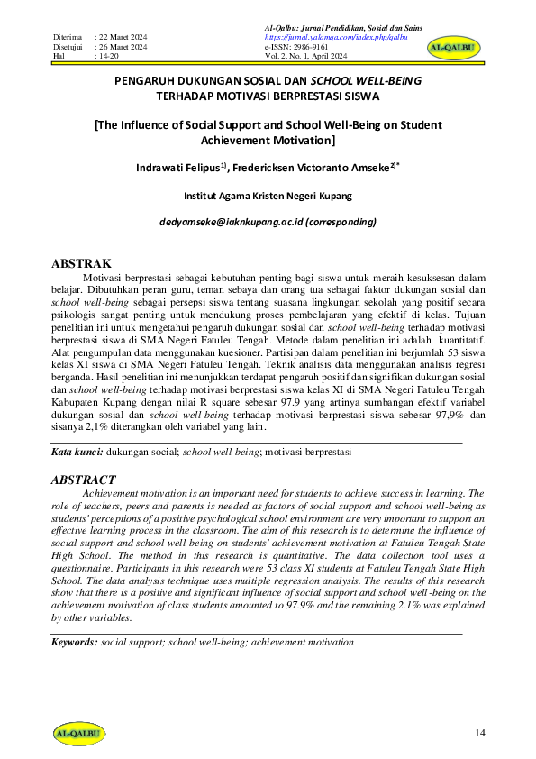 (PDF) Pengaruh Dukungan Sosial Dan School Well-Being Terhadap Motivasi Berprestasi Siswa