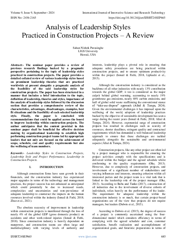 (PDF) Analysis of Leadership Styles Practiced in Construction Projects ...