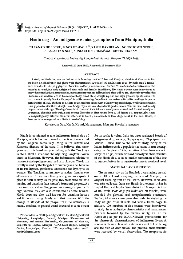 (PDF) Haofa Dog: Indigenous Breed of Manipur, India