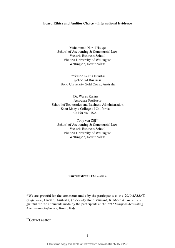 (PDF) Board Ethics and Auditor Choice – International Evidence