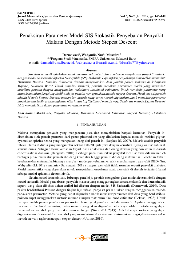 (PDF) Penaksiran Parameter Model SIS Stokastik Penyebaran Penyakit Malaria Dengan Metode Stepest ...