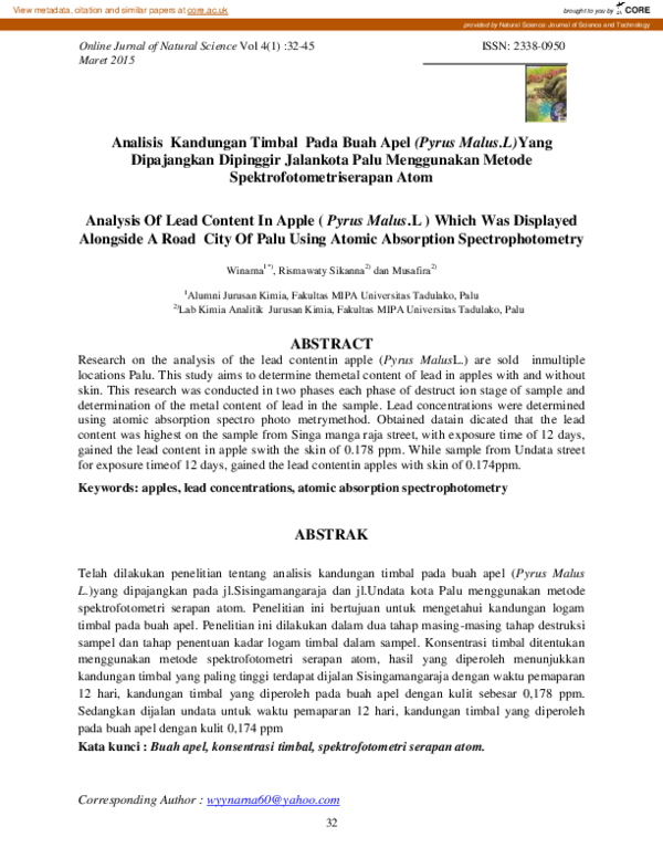 (PDF) Analisis Kandungan Timbal Pada Buah Apel (Pyrus Malus.L)Yang ...