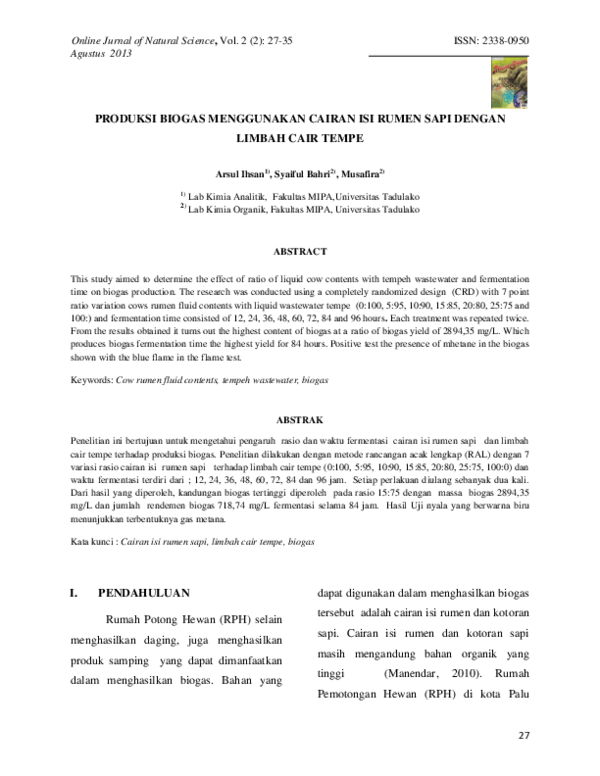 (PDF) Produksi Biogas Menggunakan Cairan Isi Rumen Sapi Dengan Limbah ...