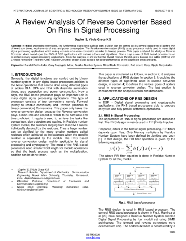 (PDF) A Review Analysis Of Reverse Converter Based On Rns In Signal Processing