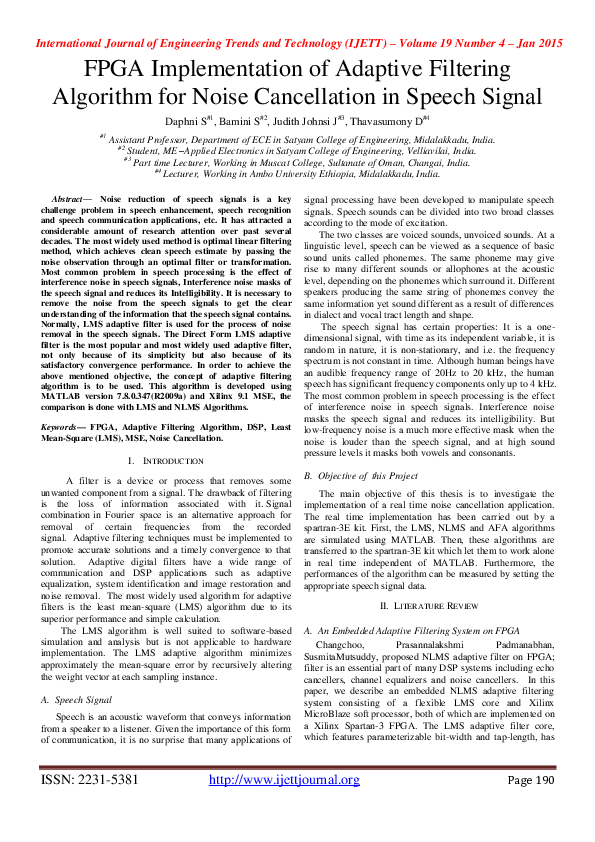 (PDF) FPGA Implementation of Adaptive Filtering Algorithm for Noise Cancellation in Speech Signal
