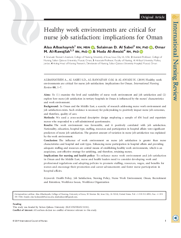(PDF) Healthy work environments are critical for nurse job satisfaction: implications for Oman