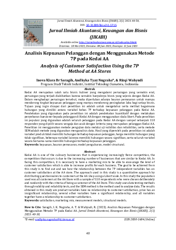 (PDF) Analisis Kepuasan Pelanggan dengan Menggunakan Metode 7P pada Kedai AA