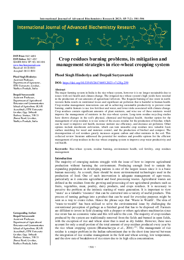 (PDF) Crop residues burning problems, its mitigation and management strategies in rice-wheat ...