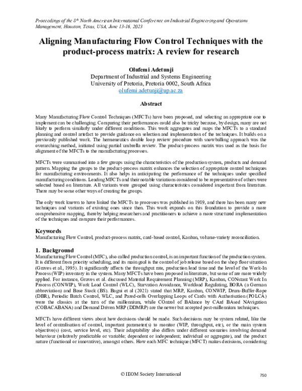 (PDF) Aligning Manufacturing Flow Control Techniques with the product ...