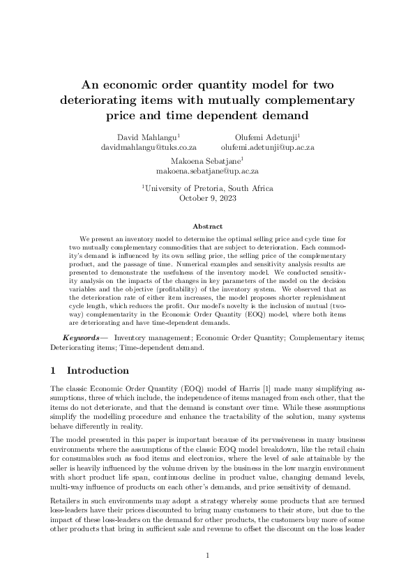 Pdf An Economic Order Quantity Model For Two Deteriorating Items With Mutually Complementary