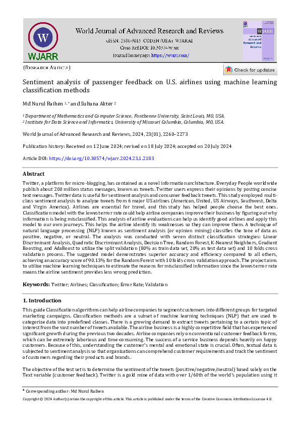 (PDF) Sentiment analysis of passenger feedback on U.S. airlines using machine learning ...