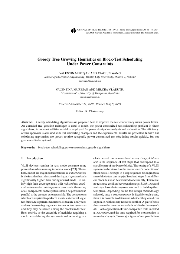 Pdf Greedy Tree Growing Heuristics On Block Test Scheduling Under Power Constraints Mircea