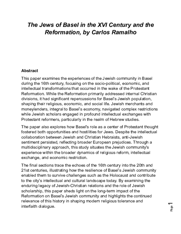 (PDF) The Jews of Basel in the XVI Century and the Reformation, by ...