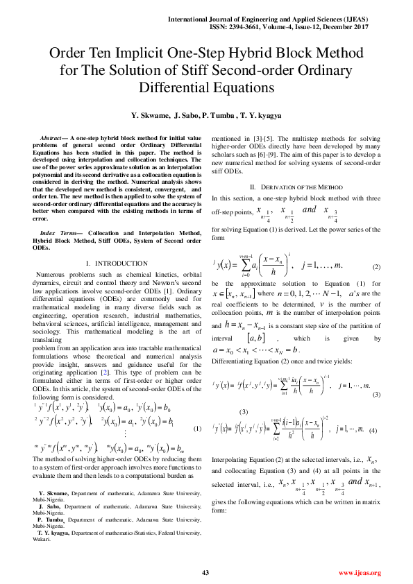 (PDF) Order Ten Implicit One-Step Hybrid Block Method for The Solution of Stiff Second-order ...