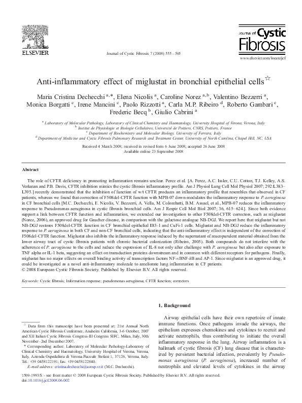 (PDF) Anti-inflammatory effect of miglustat in bronchial epithelial cells