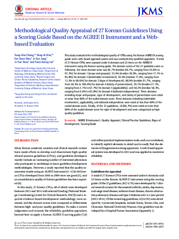 (PDF) Methodological Quality Appraisal of 27 Korean Guidelines Using a ...