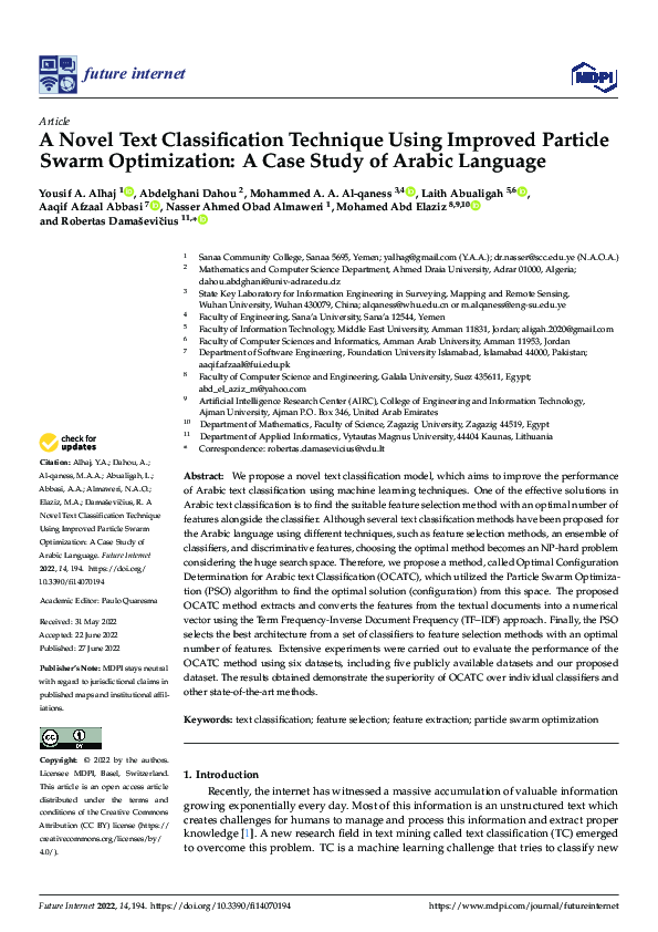 (PDF) A Novel Text Classification Technique Using Improved Particle Swarm Optimization: A Case ...