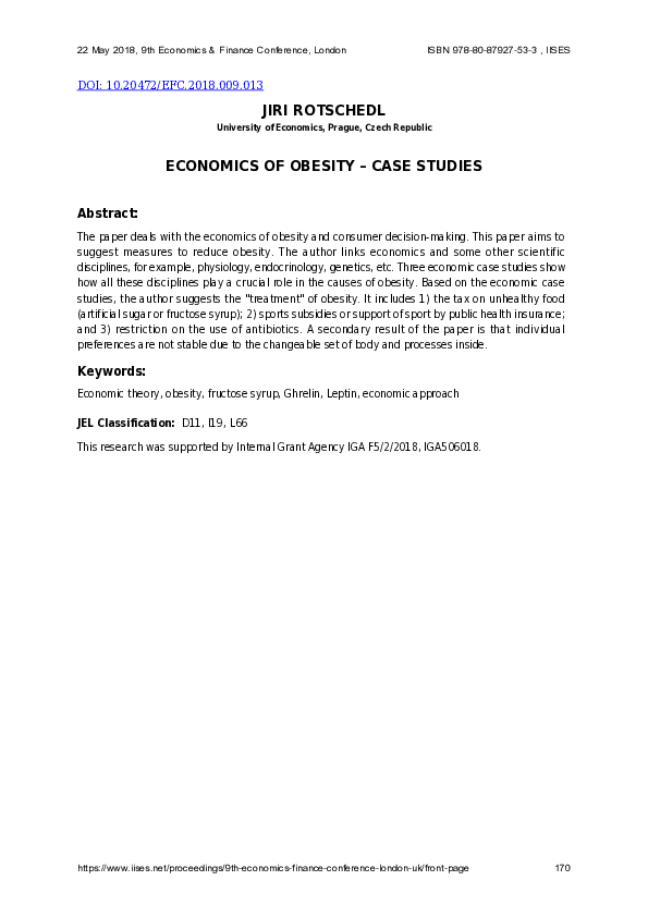 (PDF) Economics of Obesity – Case Studies