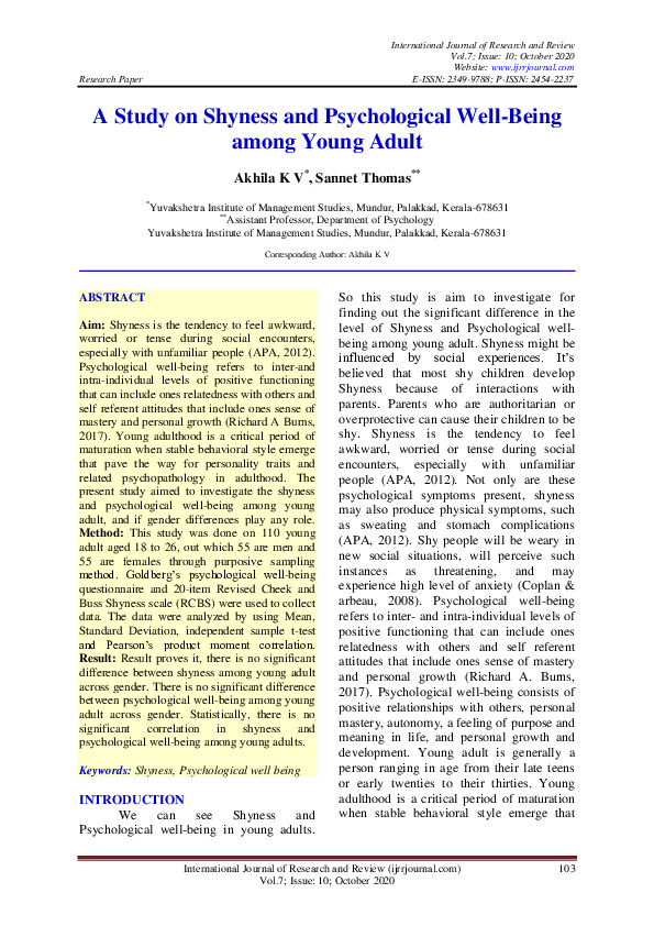 (PDF) A Study on Shyness and Psychological Well-Being among Young Adult
