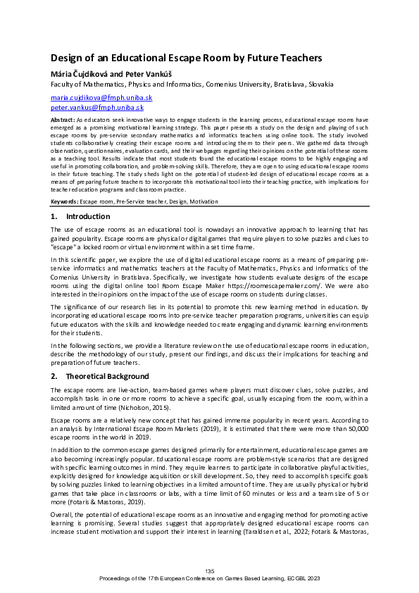 (PDF) Design of an Educational Escape Room by Future Teachers