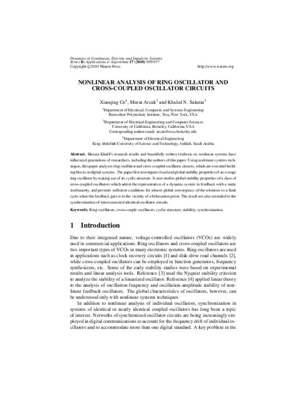 (PDF) Nonlinear Analysis of Ring Oscillator and Cross-Coupled Oscillator Circuits