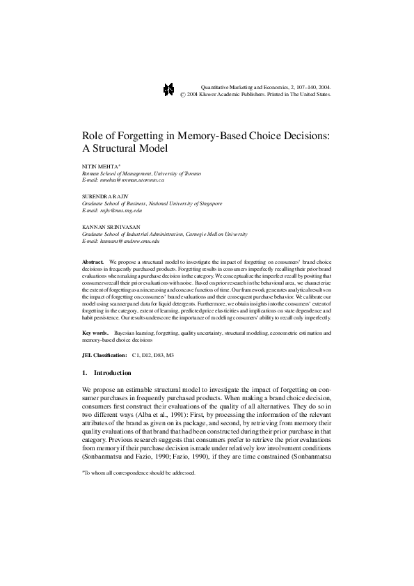(PDF) Role of Forgetting in Memory-Based Choice Decisions: A Structural Model
