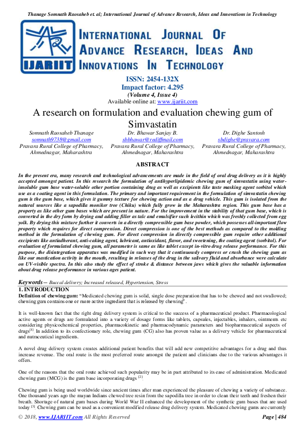 Pdf A Research On Formulation And Evaluation Chewing Gum Of Simvastatin