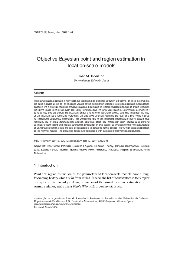 Pdf Objective Bayesian Point And Region Estimation In Location Scale Models Jose Bernardo