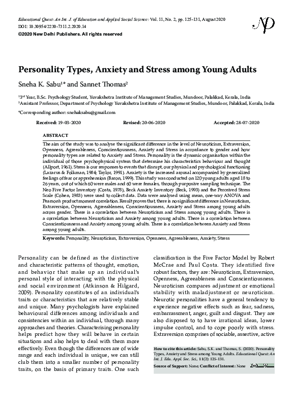 (PDF) Personality Types, Anxiety and Stress among Young Adults