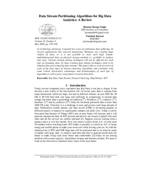 Pdf Data Stream Partitioning Algorithms For Big Data Analytics A Review