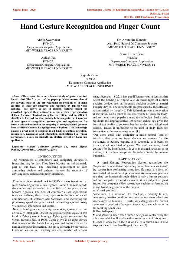 (PDF) Hand Gesture Recognition and Finger Count