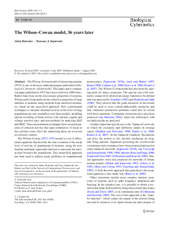 (PDF) The Wilson–Cowan model, 36 years later