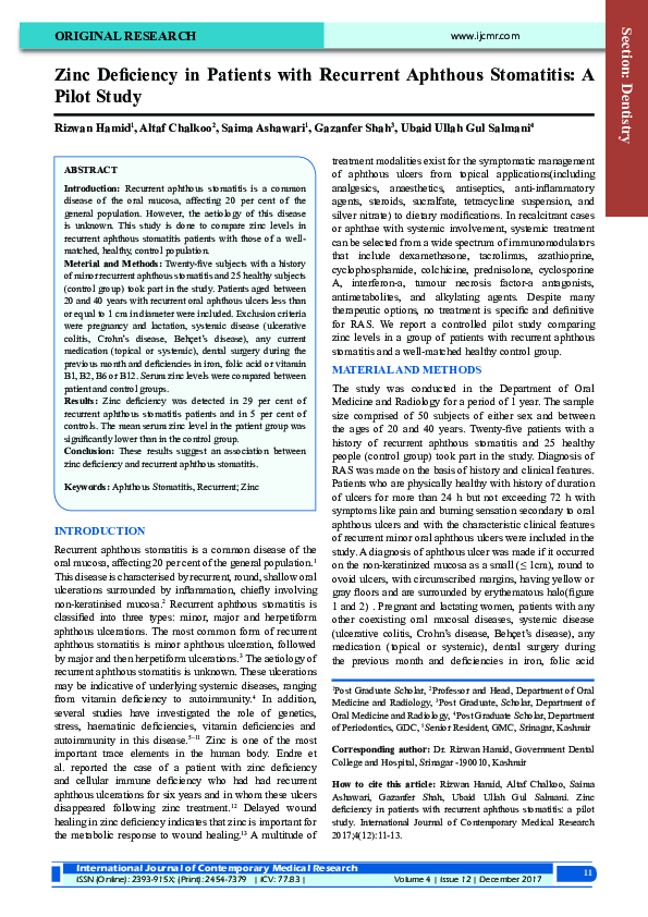 (PDF) Zinc Deficiency in Patients with Recurrent Aphthous Stomatitis: A ...