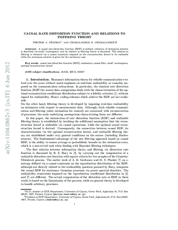(PDF) Causal Rate Distortion Function and Relations to Filtering Theory