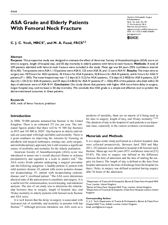 (PDF) ASA Grade and Elderly Patients With Femoral Neck Fracture