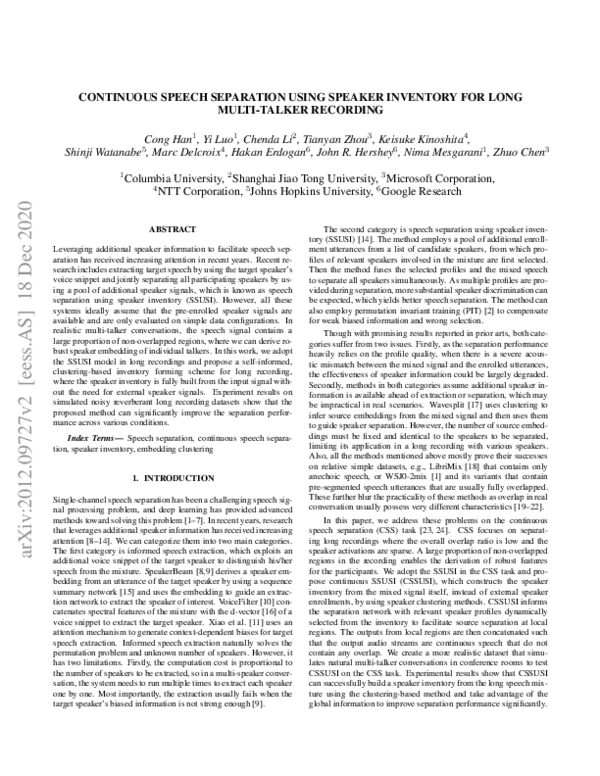 (PDF) Continuous Speech Separation Using Speaker Inventory for Long ...
