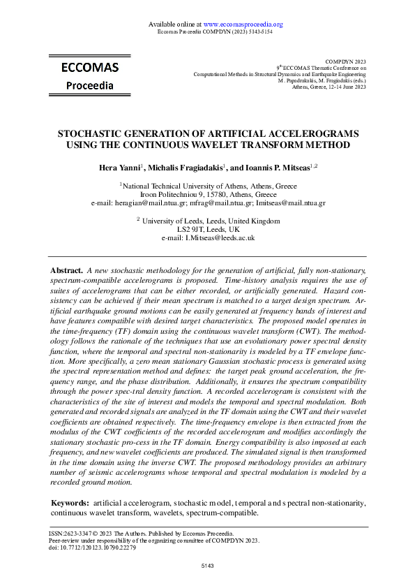 (PDF) Stochastic Generation of Artificial Accelerograms Using the Continuous Wavelet Transform ...