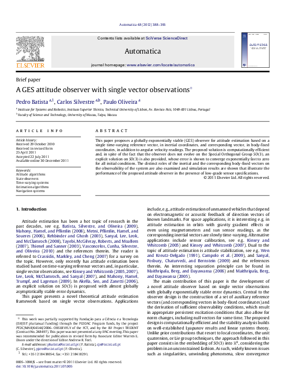 (PDF) A GES attitude observer with single vector observations