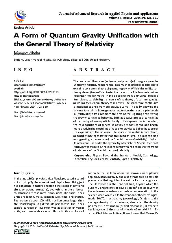 (PDF) A Form of Quantum Gravity Unification with the General Theory of Relativity